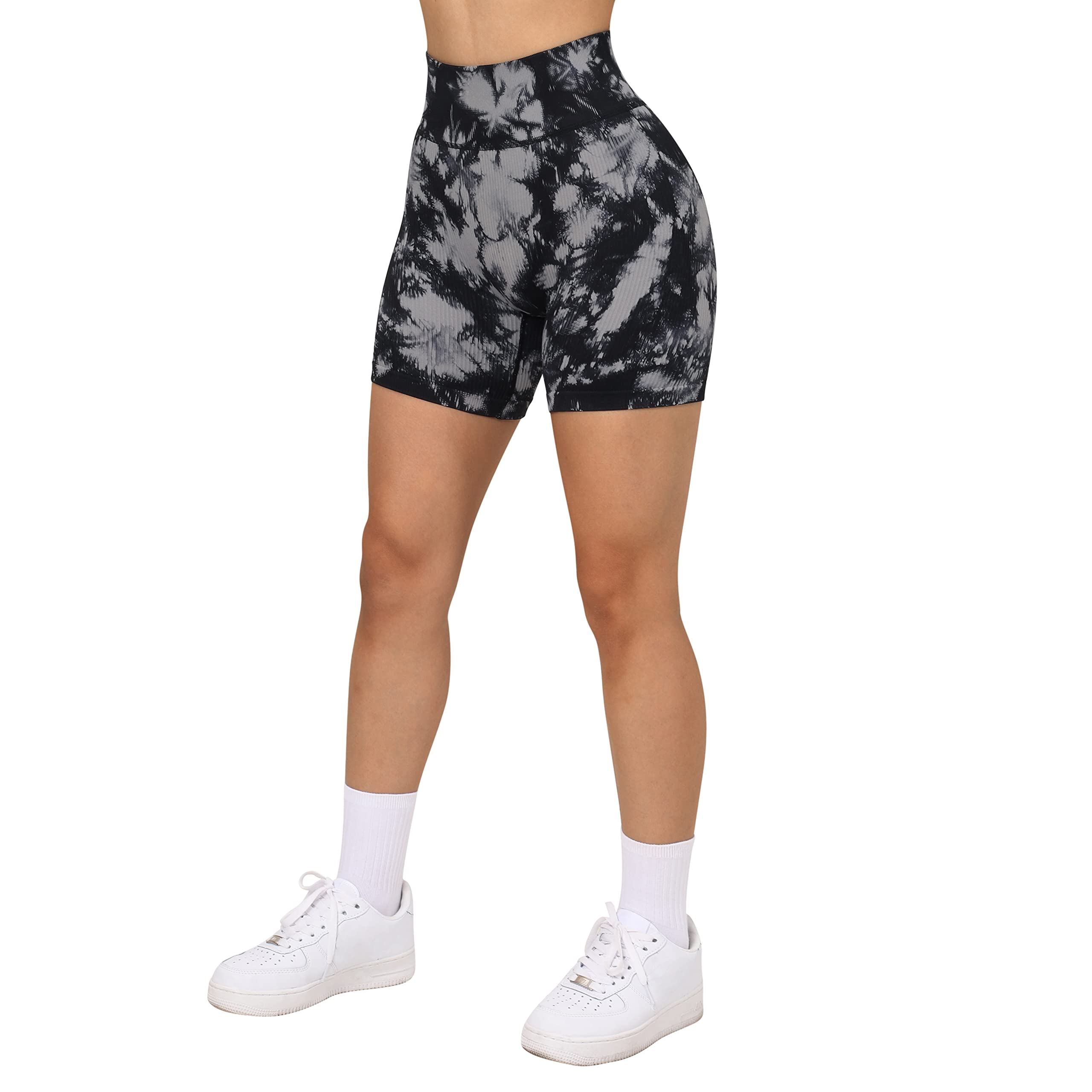 OMKAGI Women Ribbed Seamless Workout Shorts Soft Squat Proof High Waisted Biker Shorts(S,SL717-Black Grey Tie Dye-3inch)