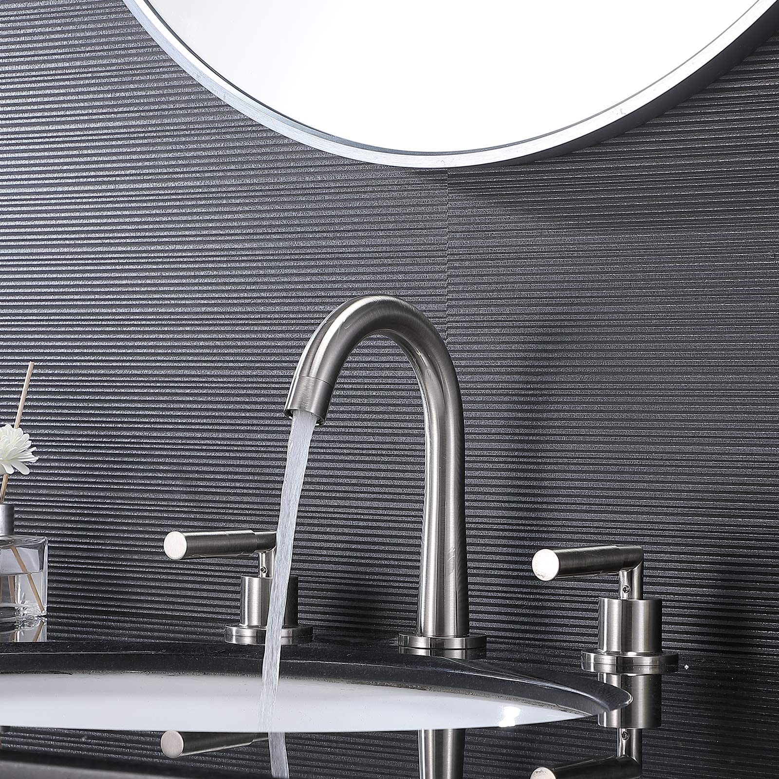 VESLA HOME Modern Brushed Nickel 3 Hole Bathroom Faucet Widespread, 2 Handle Lavatory Vanity Stainless Steel Bathroom Sink Faucet with Pop-up Drain and Water Hoses