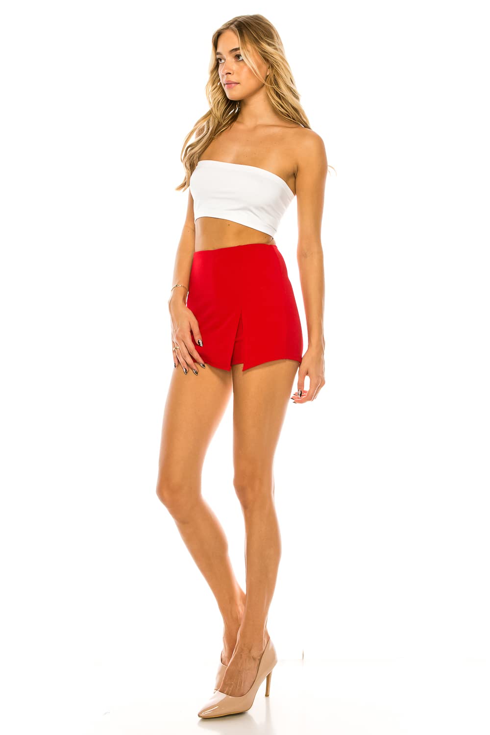 Sheismine Women's Mini Skirt Skort – Casual High Waist Stretch Asymmetrical Skort w/Slit Front A0023SKO Red S