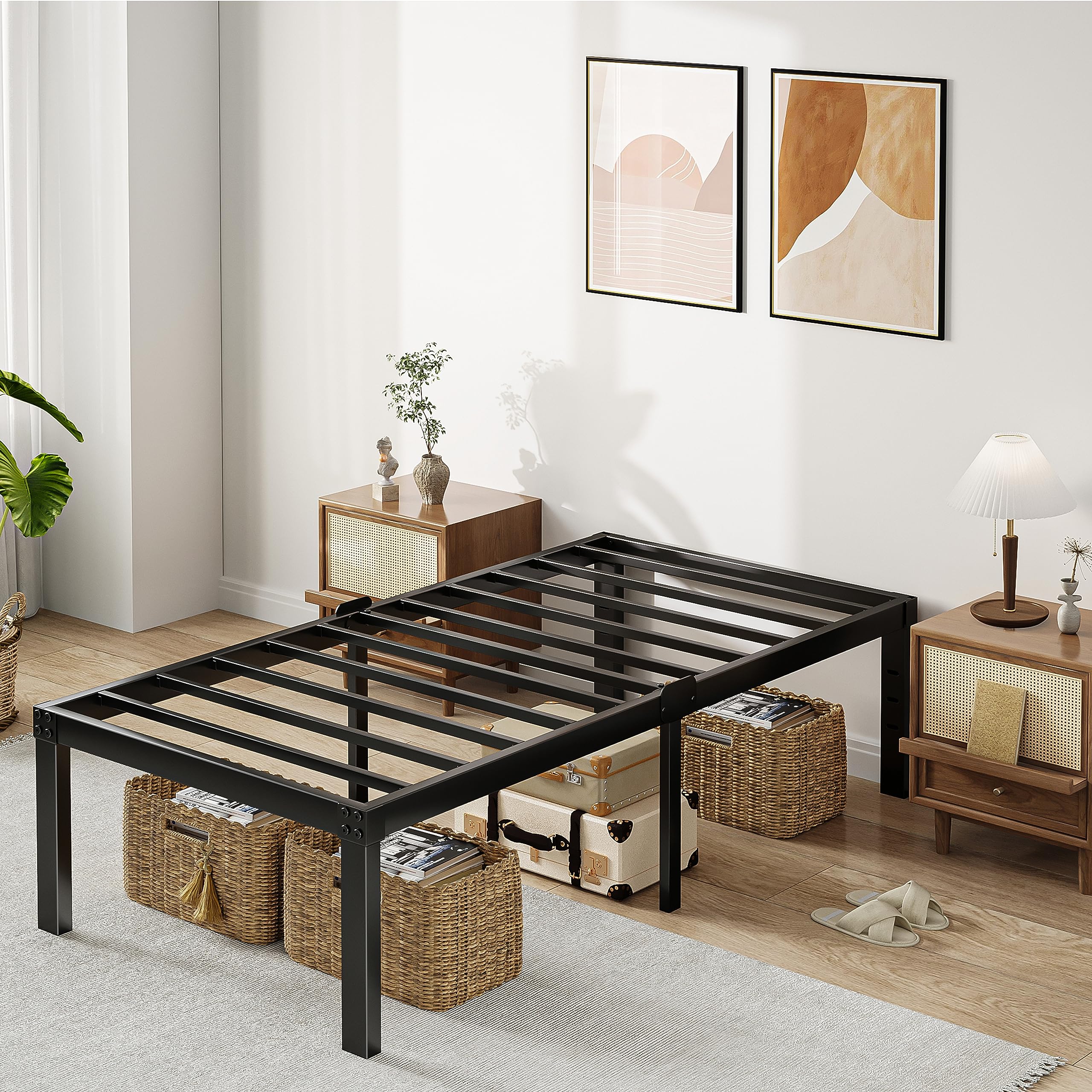 LIJQCI King Size Bed Frame 16 Inch Metal Heavy Duty Platform No Box Spring Needed with Storage Easy Assembly Steel Slat 3500lbs Support