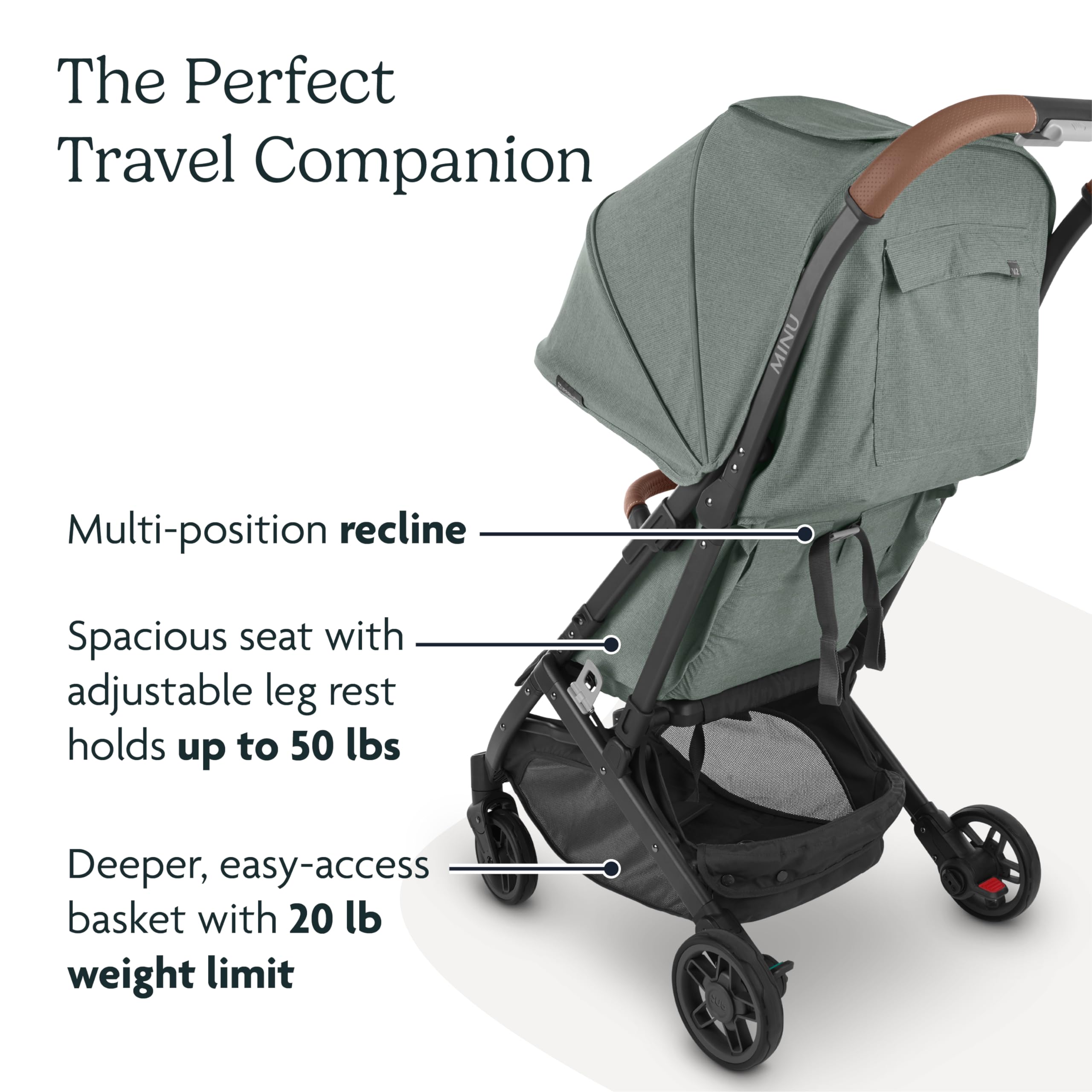 UPPAbaby Minu V2 Travel Stroller/Lightweight, Portable Design/One-Hand Fold/Shoulder Strap and Leather Bumper Bar Included/Charlotte (Coastal Blue/Carbon Frame/Saddle Leather)