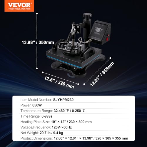 VEVOR Heat Press, Clamshell 12x10in Sublimation Transfer Printer, Digital Precise LCD Control Printing, Vinyl Heat Press for T-Shirts Bags Garments Mats Puzzles, 650W