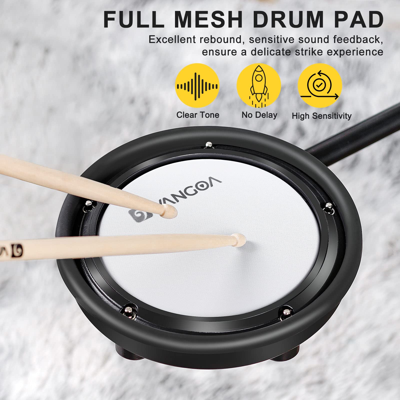 Vangoa Electronic Drum Set Junior Electric Drum Kit for Kids Beginner with 210 Sounds, Electric Quiet Mesh Drum Set with Heavy Duty Pedals, USB MIDI Connection and Drum Sticks, Black (New Upgraded)