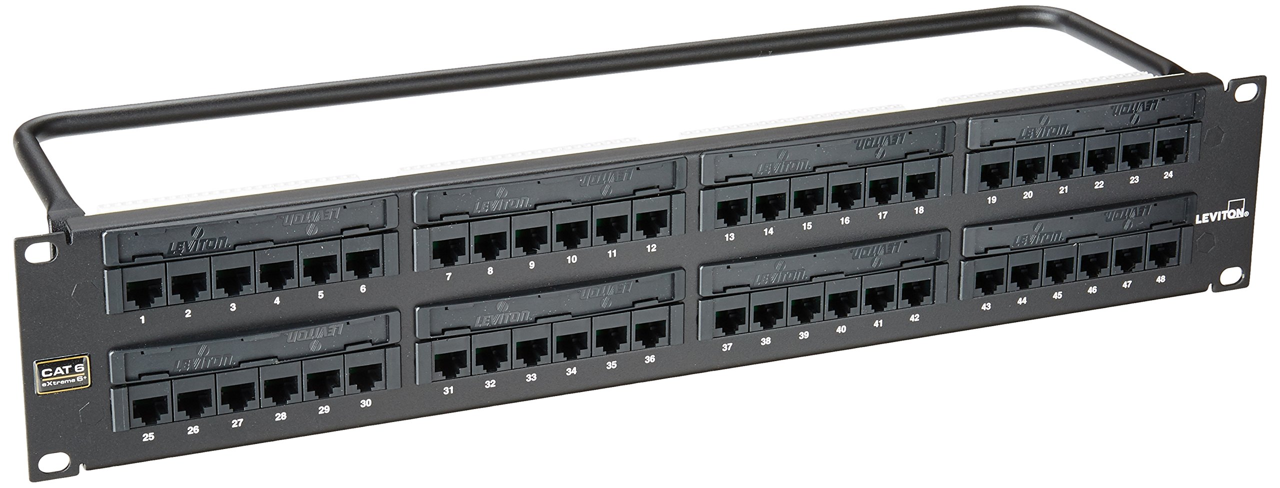Leviton 69586-U48 eXtreme 6+ Universal Patch Panel, 48-Port, 2RU, CAT 6. Cable Management Bar Included,Black