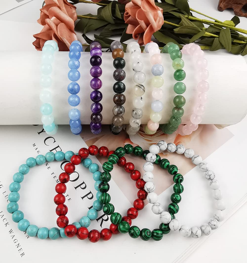 SAMOCO 12Pcs 4mm 6mm 8mm Gem Semi Precious Reiki Healing Crystals Handmade Round Beads Stretch Bracelet(8mm)