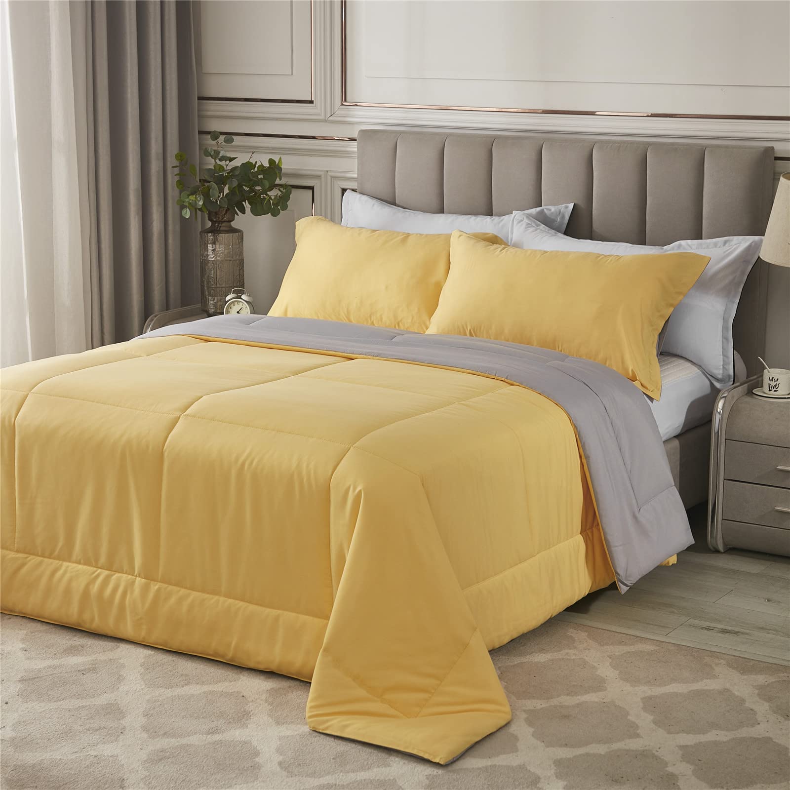 LOVINSUNSHINE Yellow Grey Comforter Set Queen Lightweight Bedding Comforters Sets Down Alternative Reversible Comforter Sets Queen Size Bed Duvet Insert - (Full/Queen,All Season,bedroom)