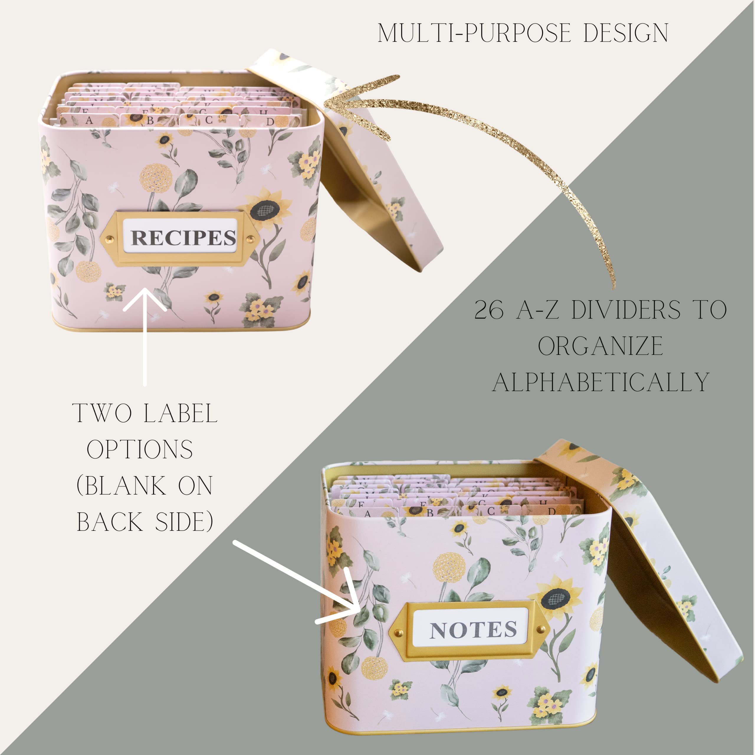 Recipe Box w/ 26 A-Z Dividers - Note Card Holder - Beautiful 4x6 Recipe Card Box - Tin Recipe Organizer w/ 2 Labels Recipes & Notes - Waterproof Index Card Holder for kitchen countertop, office desk