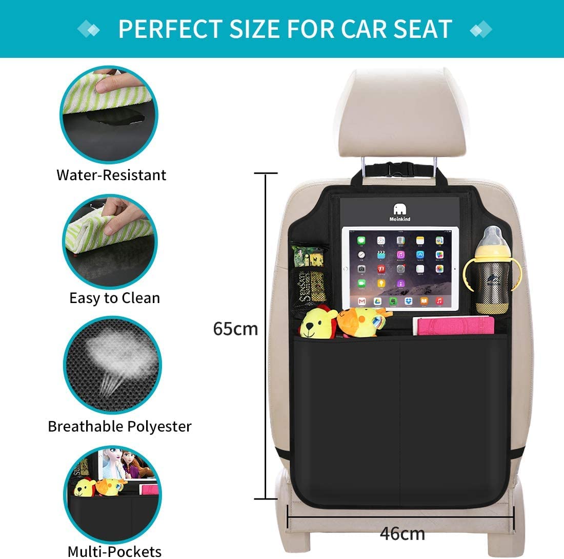 Meinkind Car Backseat Organizer, 2-Pcs Car Seat Protector Back Seat Organizer Kick Mats with Clear Screen Tablet Holder, Water-Proof Car Seat Organizer, Travel Organizer for Kids and Toddler, Black