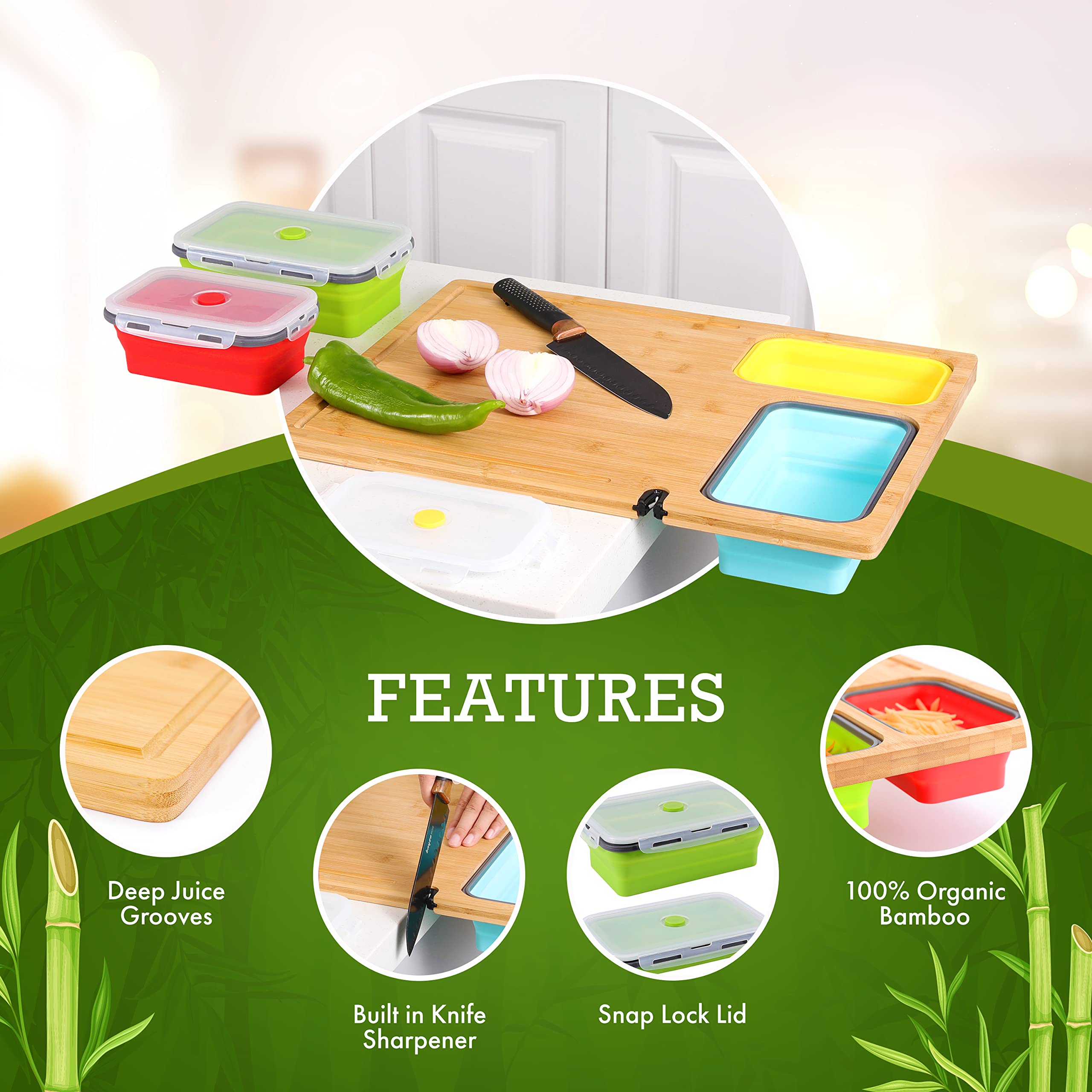 Slim Over Sink Cutting Board for Kitchen with 4 Color-Coded Collapsible Containers- Meal Prepdeck Station with Containers and Built-in Knife Sharpener (Original Containers)