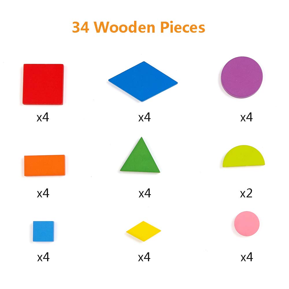 LiKee Wooden Pattern Blocks (34 Shape Pieces& 60 Cards)