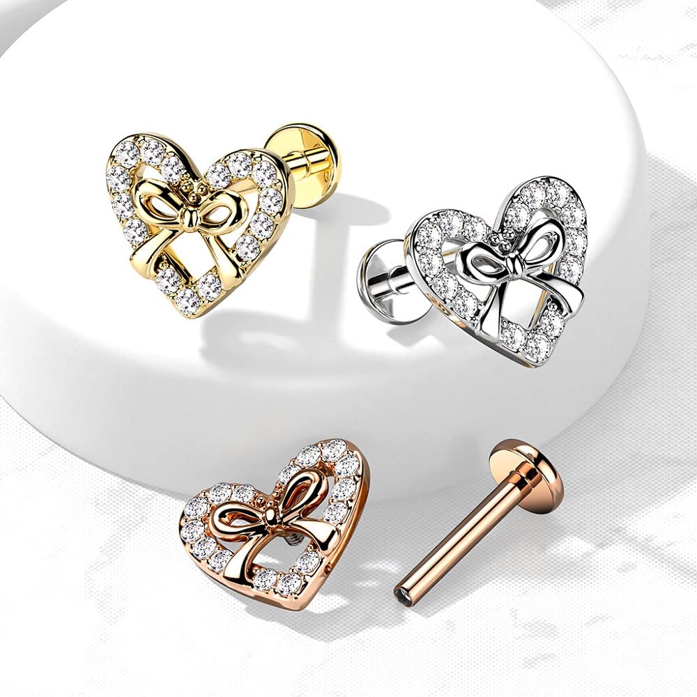 Pierced Owl 16GA 316L Stainless Steel CZ Crystal Paved Heart with Ribbon Center Internally Threaded Flat Back Stud (Rose Gold Tone)