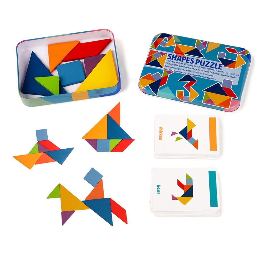 LiKee Wooden Pattern Blocks (7 Pieces and 60 Cards)
