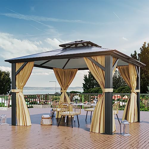 YITAHOME 12x14FT Gazebo Hard-Top Double Roof Canopy Outdoor with Netting and Shaded Curtains, Aluminum Frame Polycarbonate Hardtop Garden Tent for Patio, Backyard, Deck and Lawns, Brown