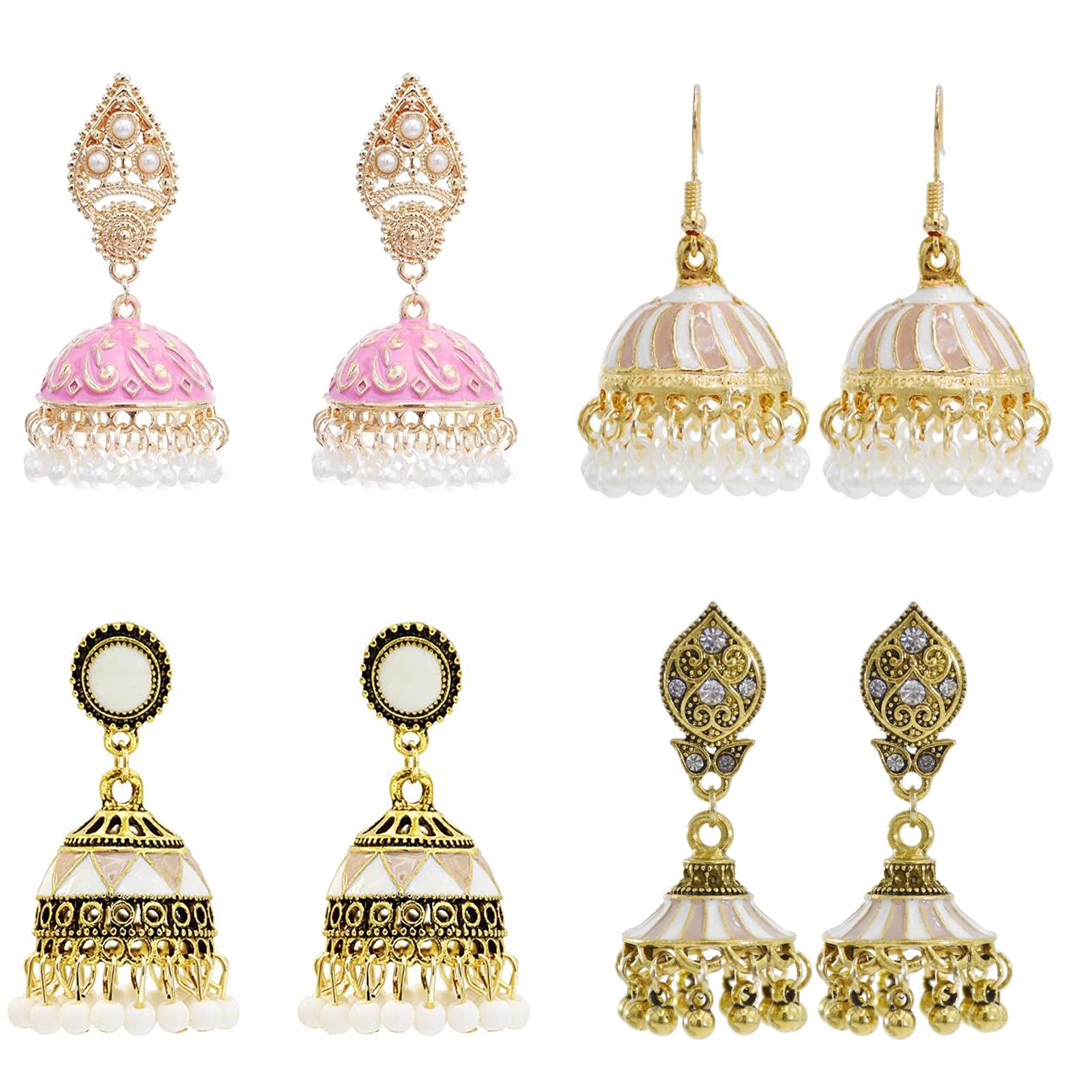 NSLS Gypsy Indian Bell Dangle Earrings Set Retro 4pair/set Round Bell Tassel Hollow Jhumka Earrings for Women(Red)