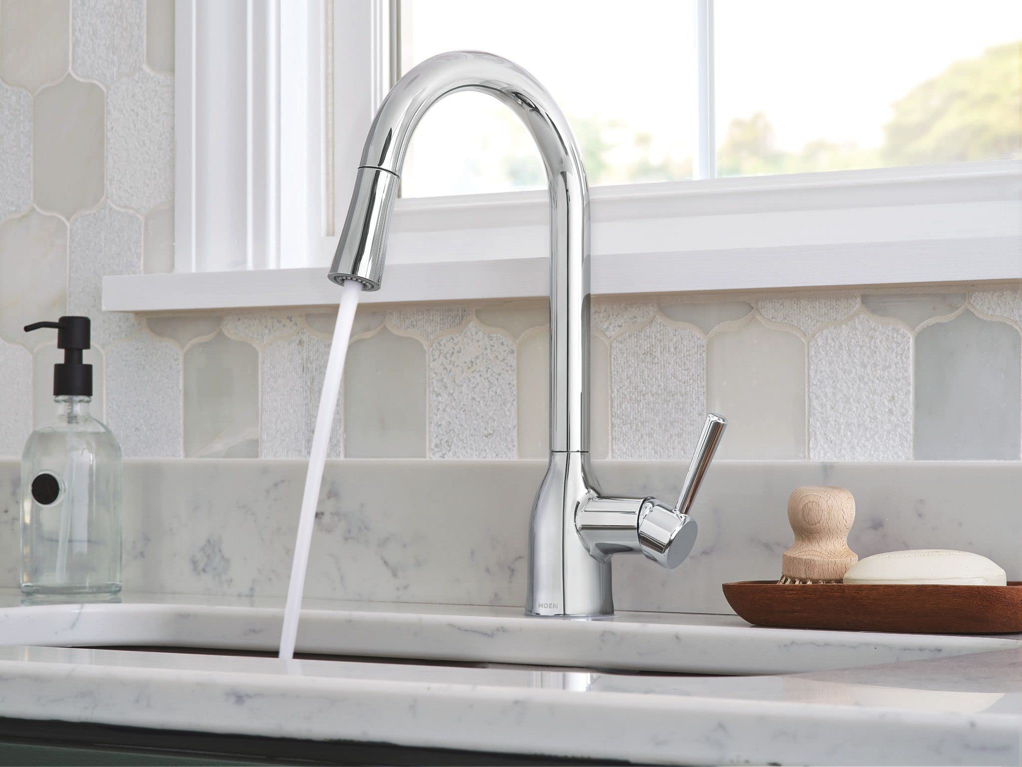Moen Adler Chrome One-Handle High Arc Kitchen Sink Faucet with Power Clean, Modern Kitchen Faucet with Pull Down Sprayer, 87233