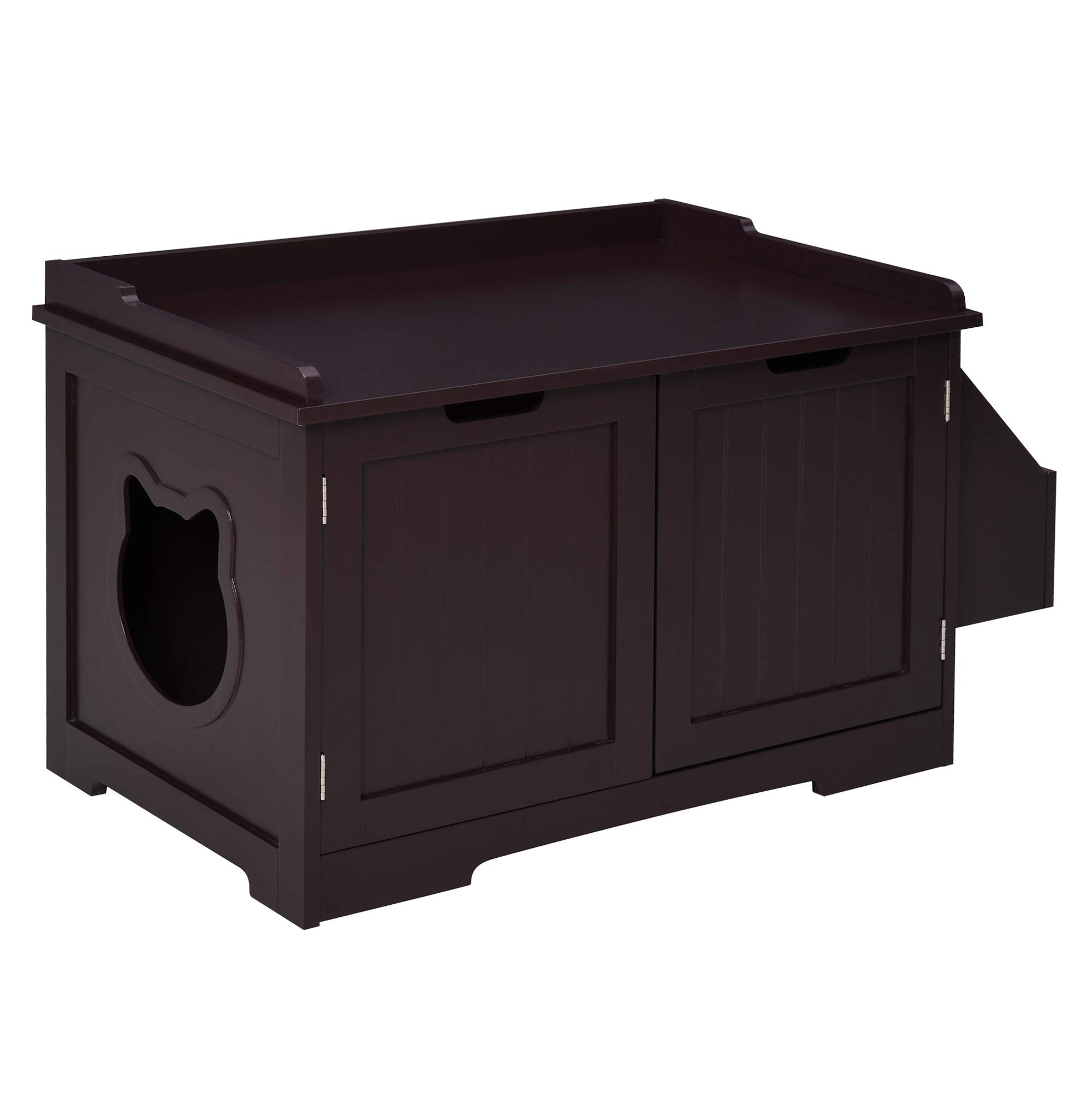 PawHut Wooden Cat Litter Box Enclosure, Hidden Cat Washroom, Kitten House with Nightstand End Table and Storage Rack Magnetic Doors, Brown
