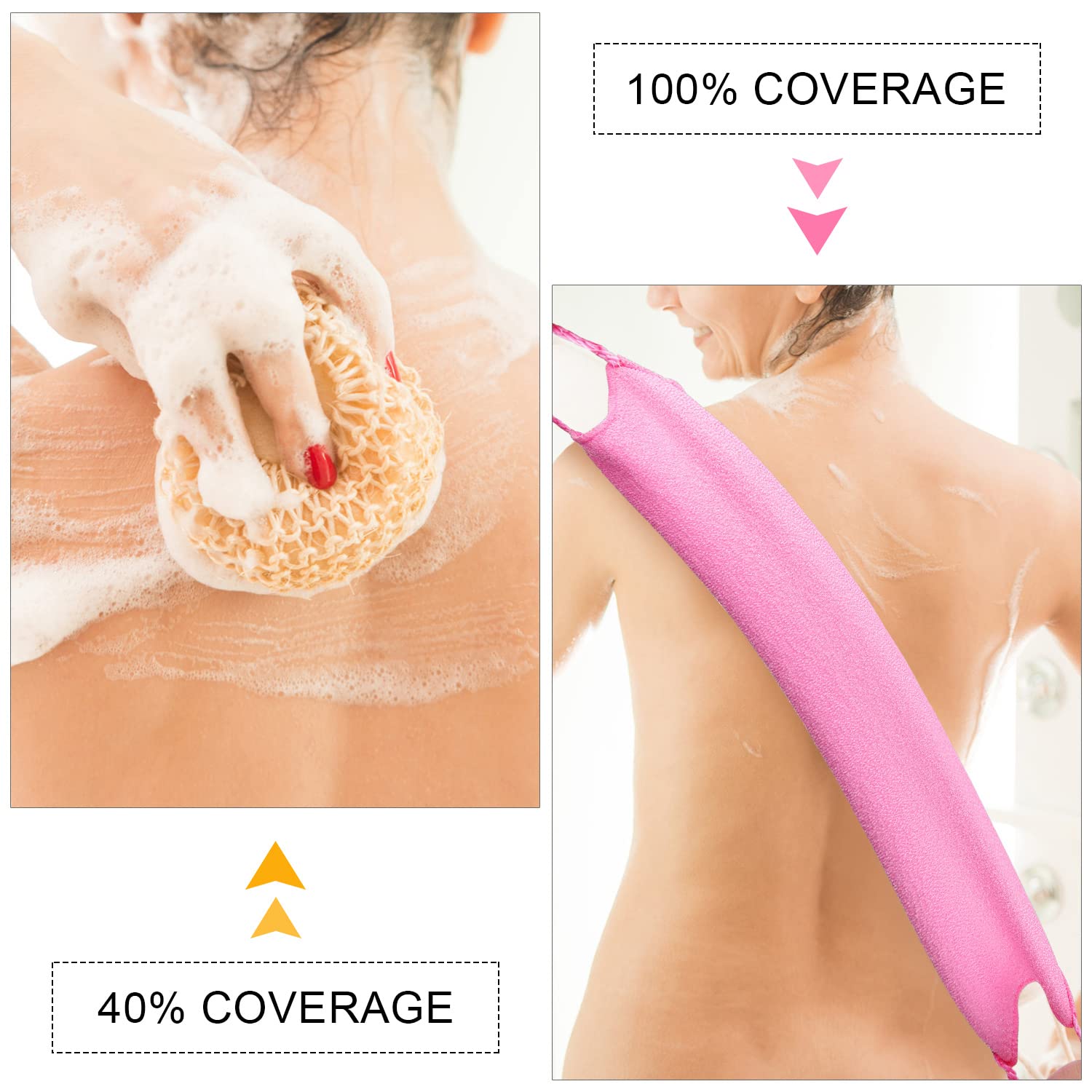 WXJ13 4 Packs Nylon Back Exfoliator, Exfoliating Back Scrubber with Handles, Exfoliating Towel Body Exfoliator Back Washer Scrubber Stretchable Pull Strap Exfoliating Washcloth for Body Shower