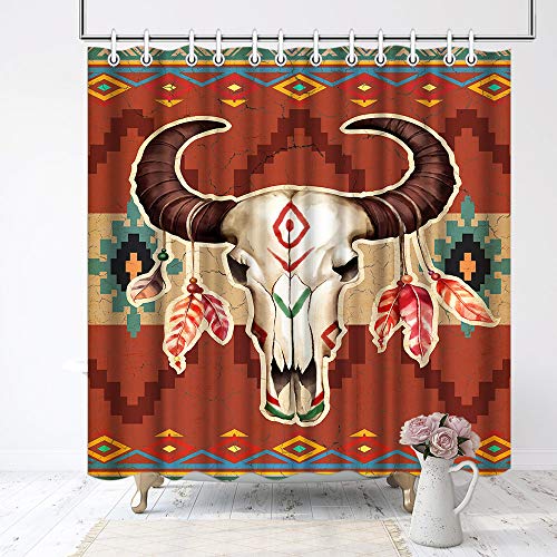 LoveHouse Boho Pattern Shower Curtain Watercolor Cow Skull with Feather Bohemian Western Ethnic Bull Bathroom Shower Curtains Set with Hooks 72"x72" Machine Washable