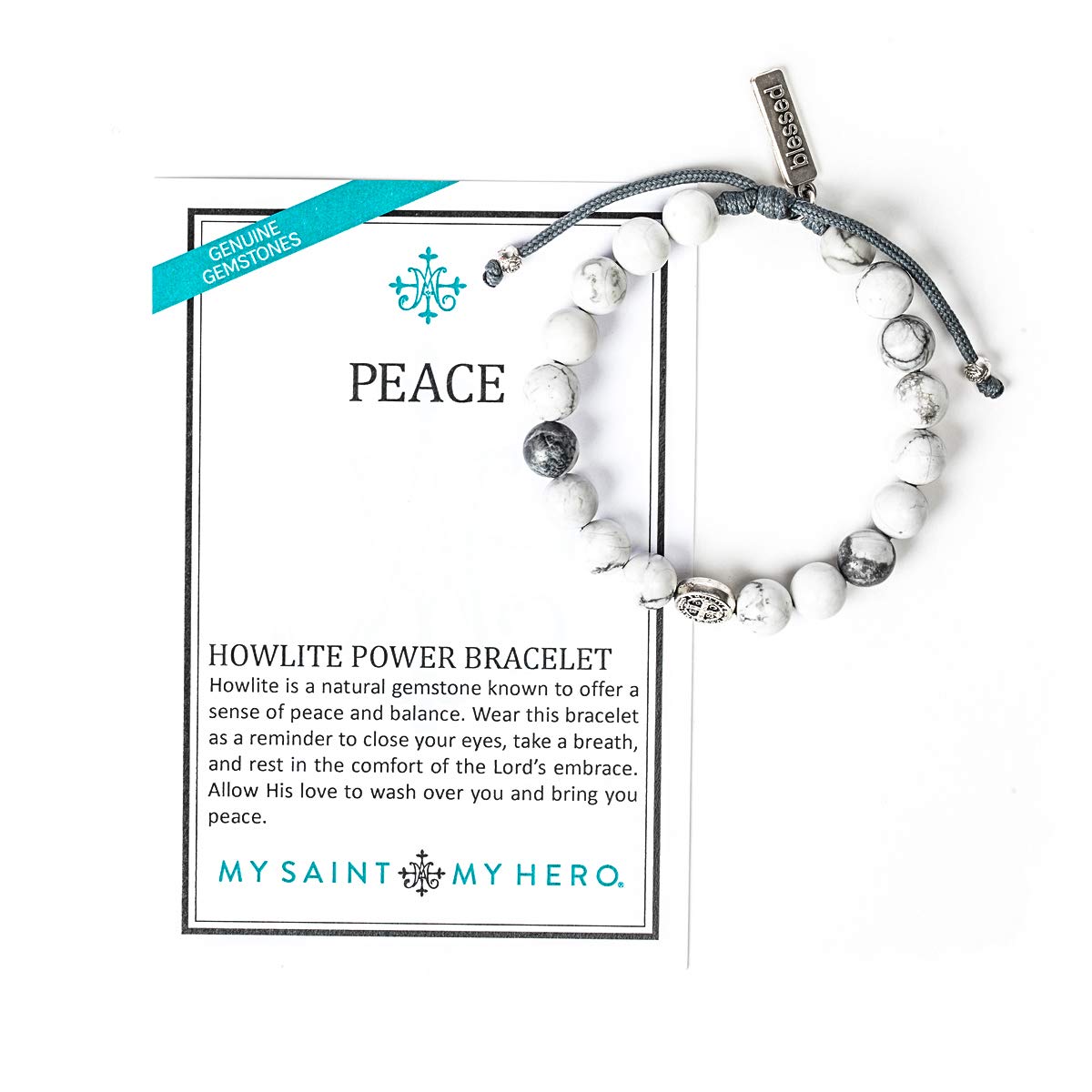 My Saint My Hero Peace Howlite Power Bracelet - White Howlite Gemstones with Silver-Tone Medal