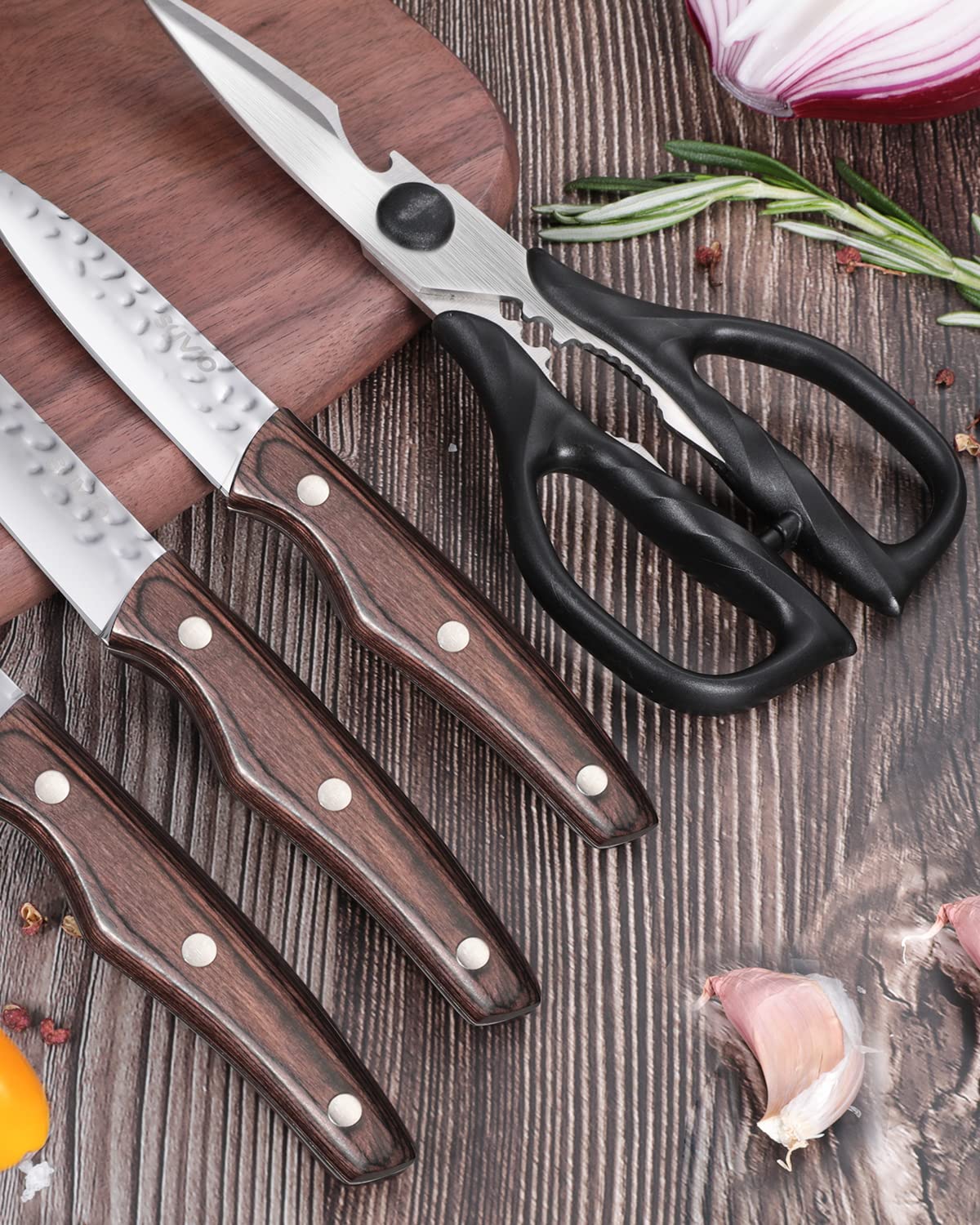 syvio Kitchen Knife Sets with Block and Wood Handle, 14 Piece with Built-in Sharpener, Kitchen Knives for Chopping, Slicing, Dicing&Cutting