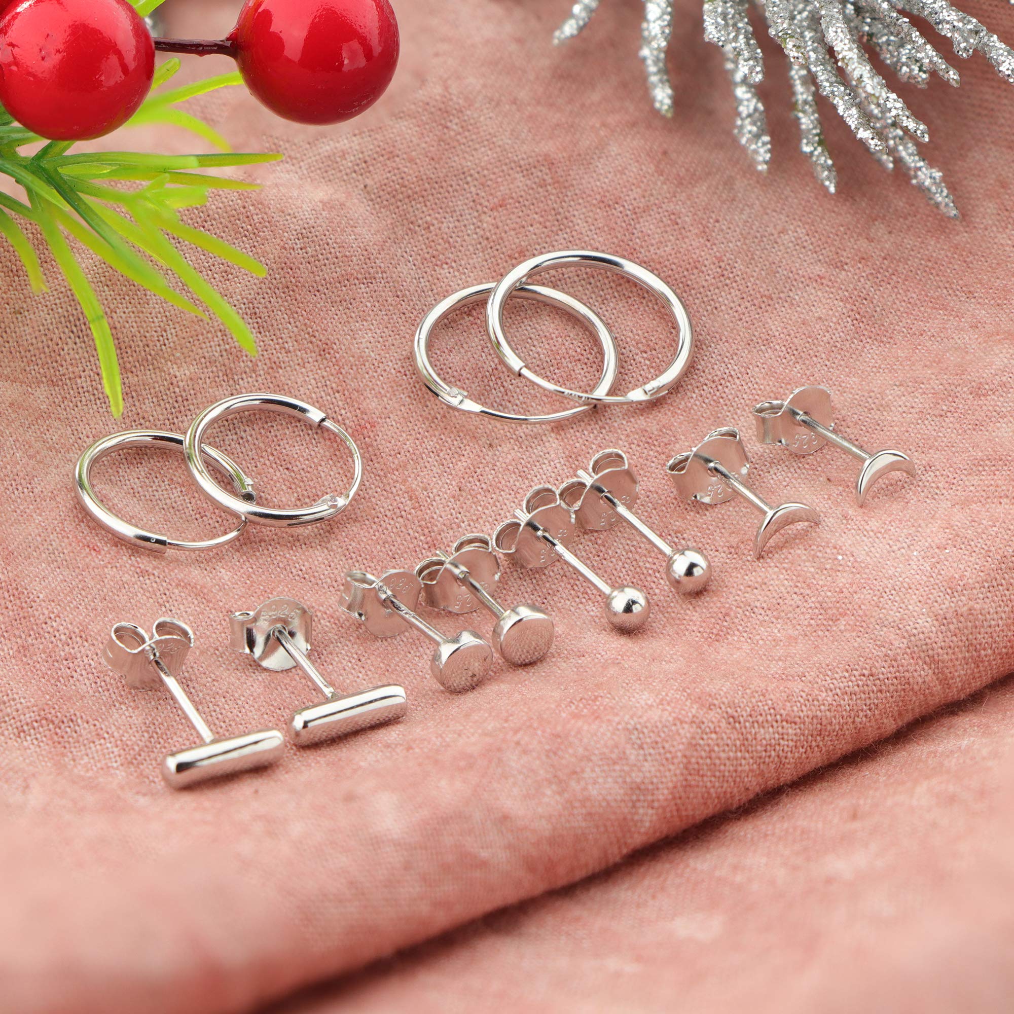 Milacolato 8 Pairs Sterling Silver Stud Earrings Set for Women Men 14K White Gold Plated Ball Dot Star Moon Bar CZ Stud Earrings Small Huggie Hoop Cartilage Earrings Sets for Multiple Piercing Hypoallergenic
