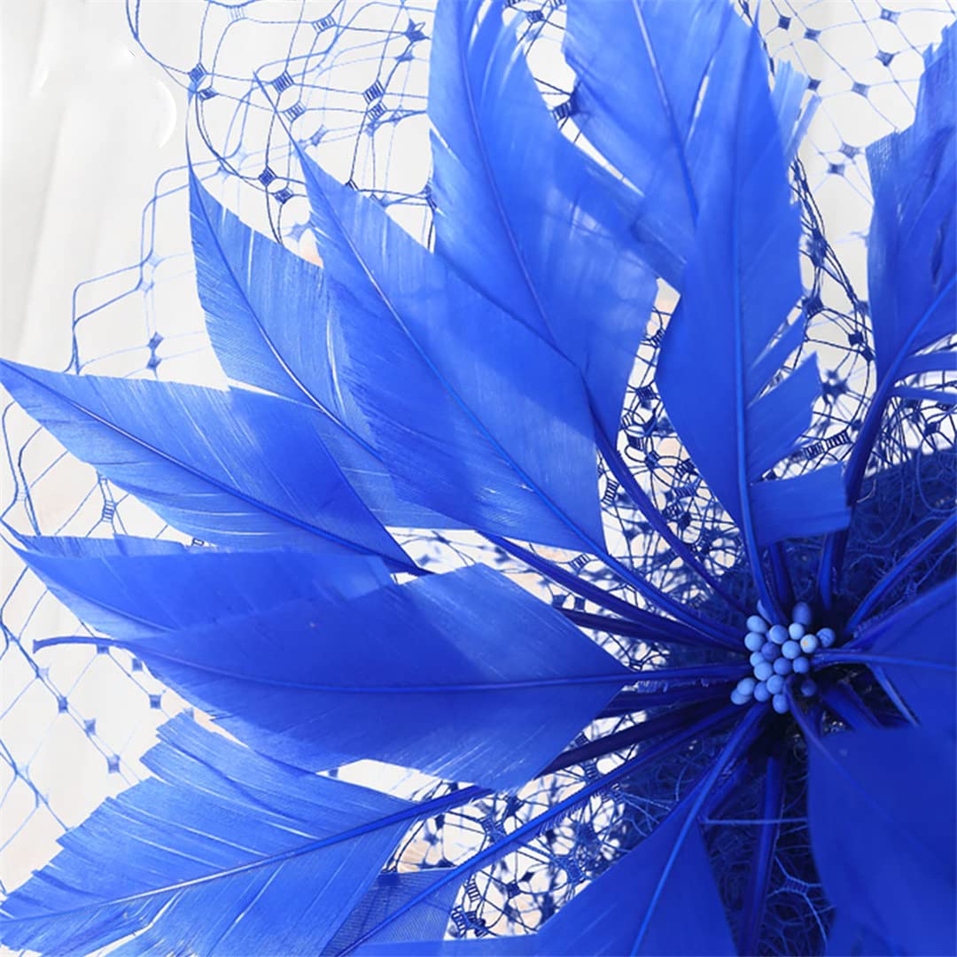 Royal Blue Hat Hat with Feather Flower Ladien Gauze Dress Hats Hair Accessories Royal Blue One Size