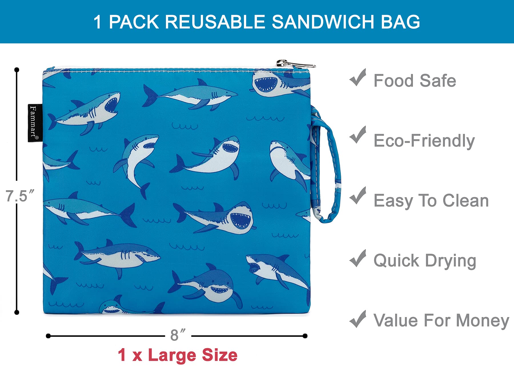 Reusable Sandwich Bag/Snack Bag for Kids & Adults, Dual Layer Lunch Bag with Handle, Washable, Food Safe, BPA Free (1-Pack, Shark)