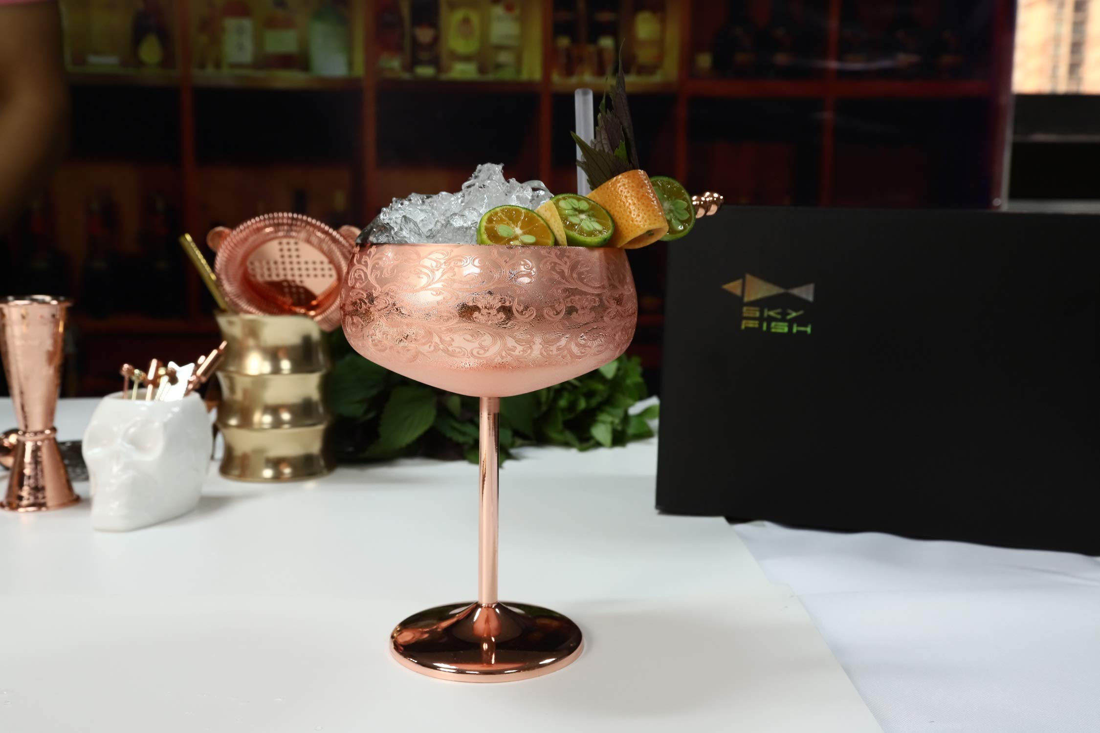 Sky Fish 14 oz Etching Martini Cocktail Glasse,Copper Plated Stainless Steel,Set Of 2 With 2 Cocktail Picks