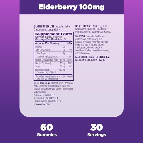 Natrol Elderberry 100mg Gummies for Immune Health Support, 60 Berry-Flavored Gummies, 30 Day Supply