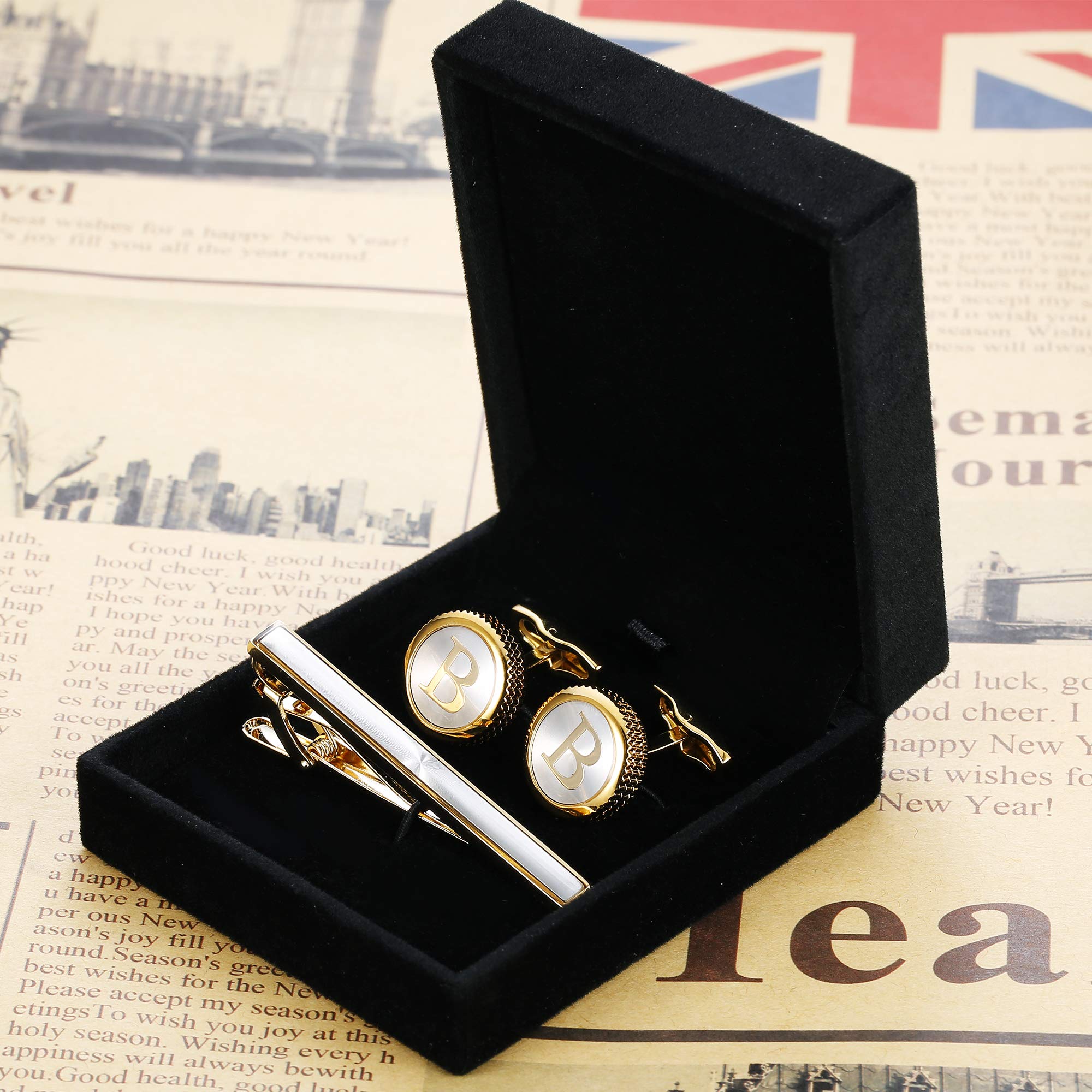LOLIAS Mens Cufflinks Tie Bar Clip Set Alphabet Letter Cufflinks Formal Business Wedding Shirts Gift Box,B