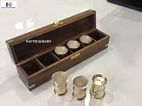 Nautical-Mart Brass Tequila Shot Glass with Anchor Monogram in Handmade Wooden Box β Six Glass Set