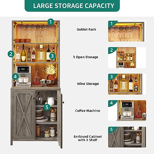 YITAHOME Bar Cabinets with LED Light, Coffee Bar Liquor Cabinet with Glass Holder, Tall Buffet Wine Cabinet with Storage for Kitchen, Dining Room, Rustic Grey Wash