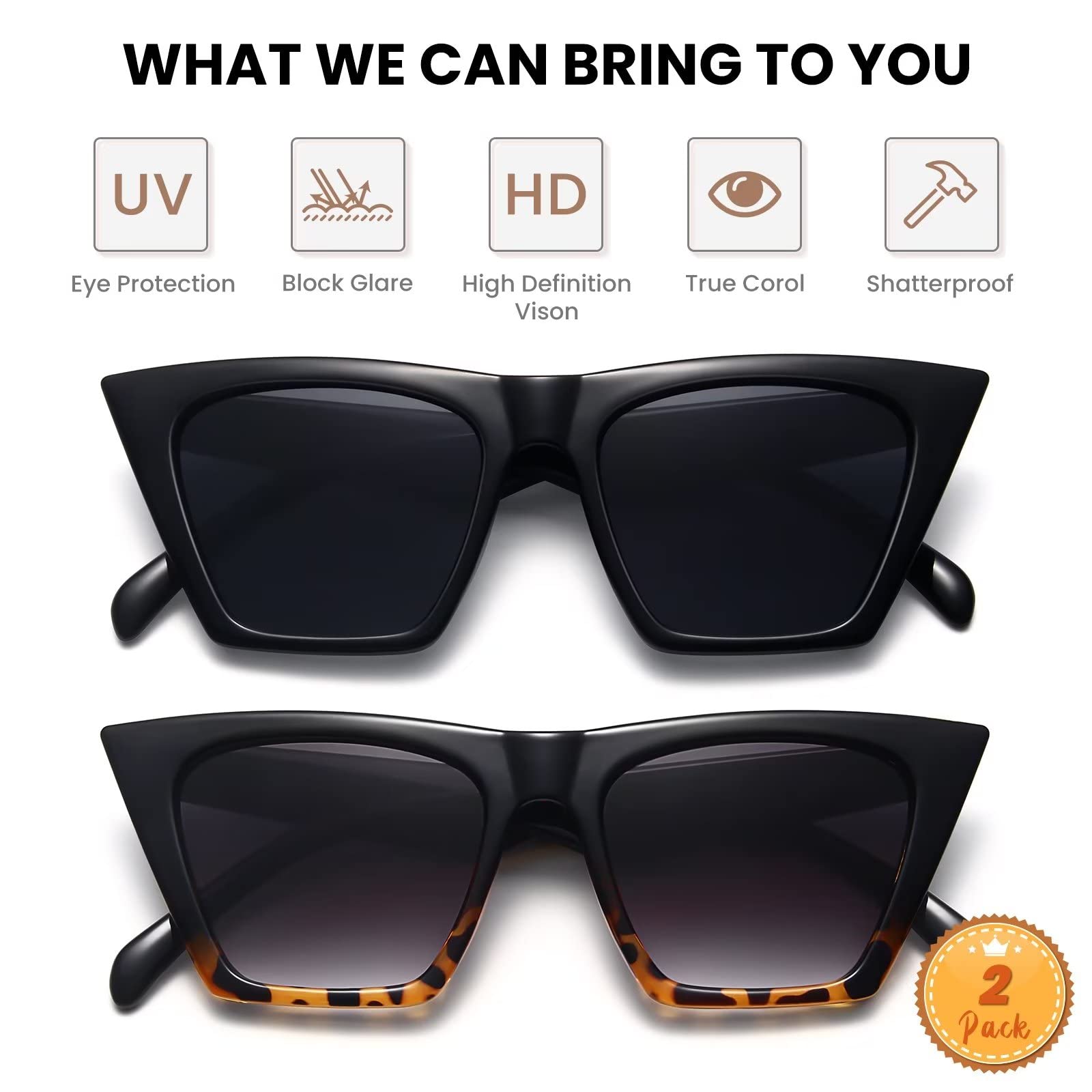 racico Trendy Cat Eye Sunglasses Women - 2 pack Vintage Oversized Cateye Style Square Sun Glasses Women Men