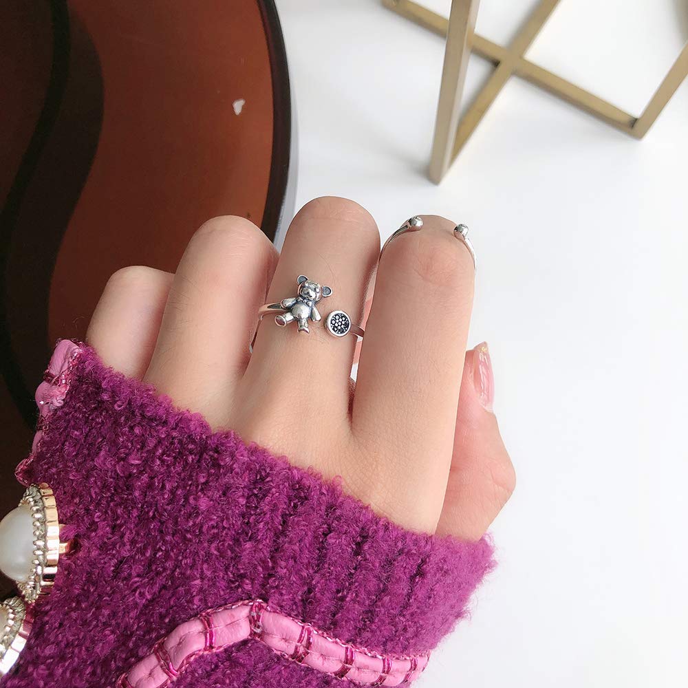 Lovely Bear Sterling Silver 925 Open Stacking Rings for Women Vintage Antique Black CZ Crystal Eternity Engagement Statement Ring Finger Band Cute Jewelry Adjustable