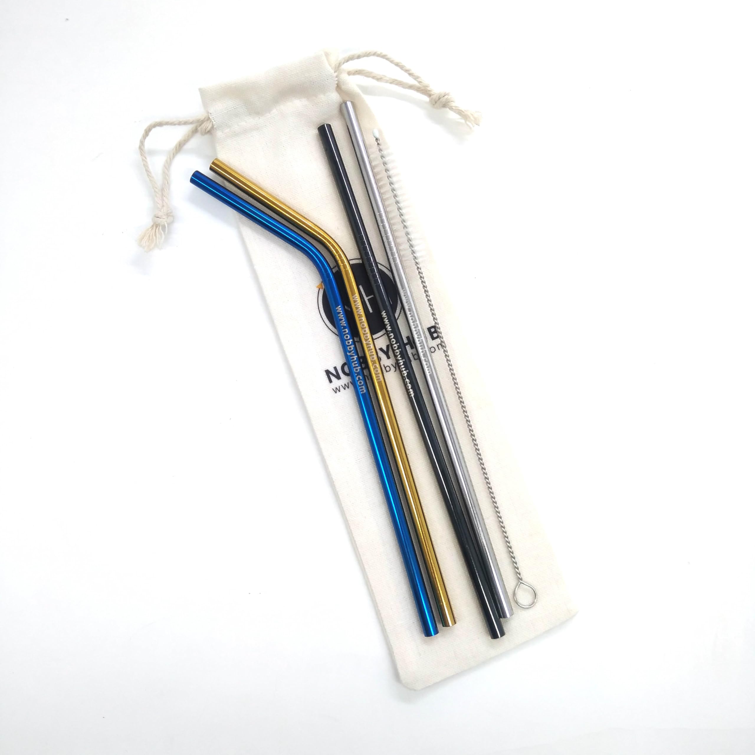 Reusable Stainless Steel Drinking Straws, Set of 4, 2 bent, 2 straight, all different colored, in Cloth Bag, and Free Cleaning brush, Help save the environment