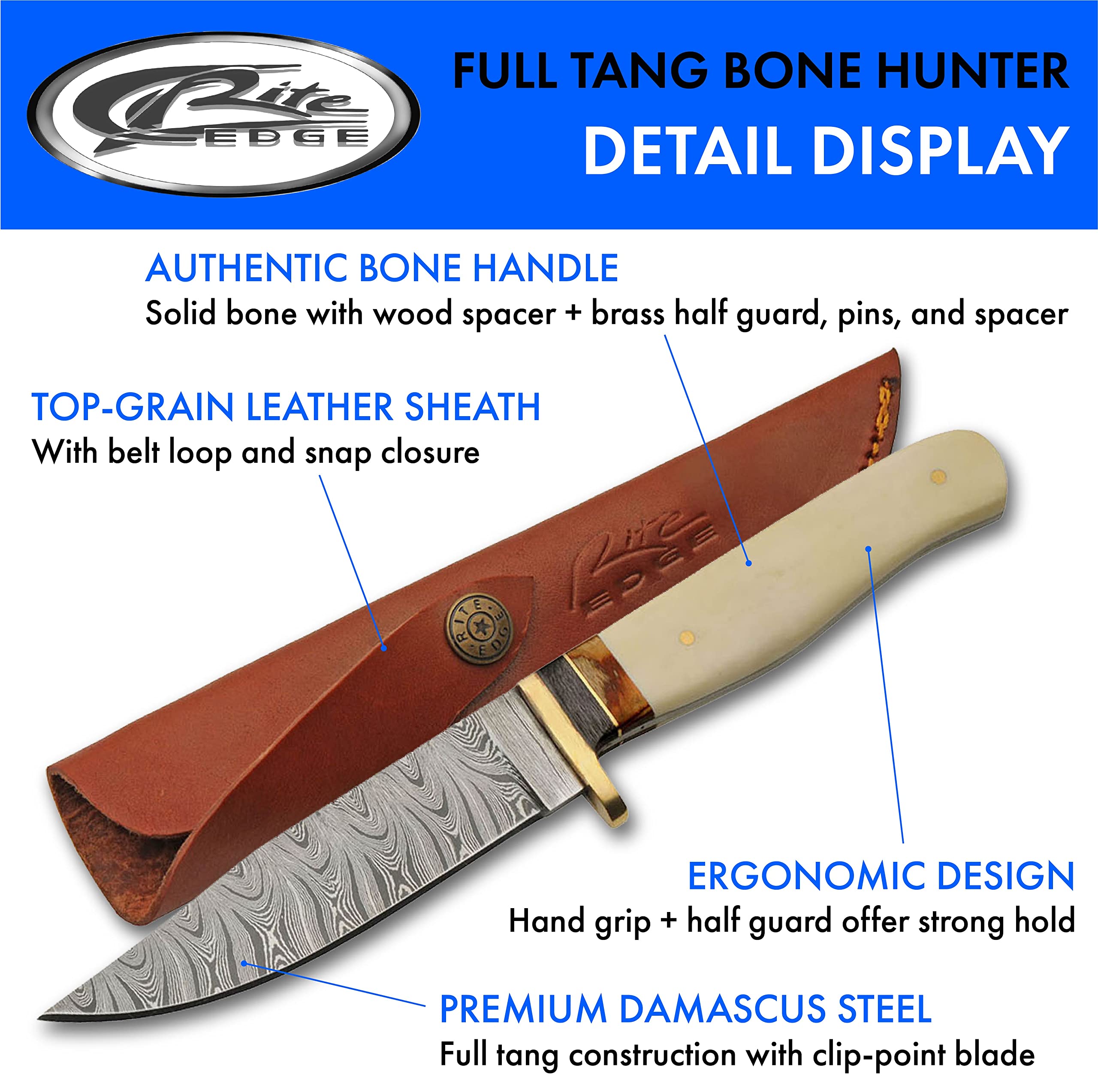 SZCO Supplies 9β Bone Handle Full tang Damascus Steel Outdoor Hunting Knife With Sheath,White