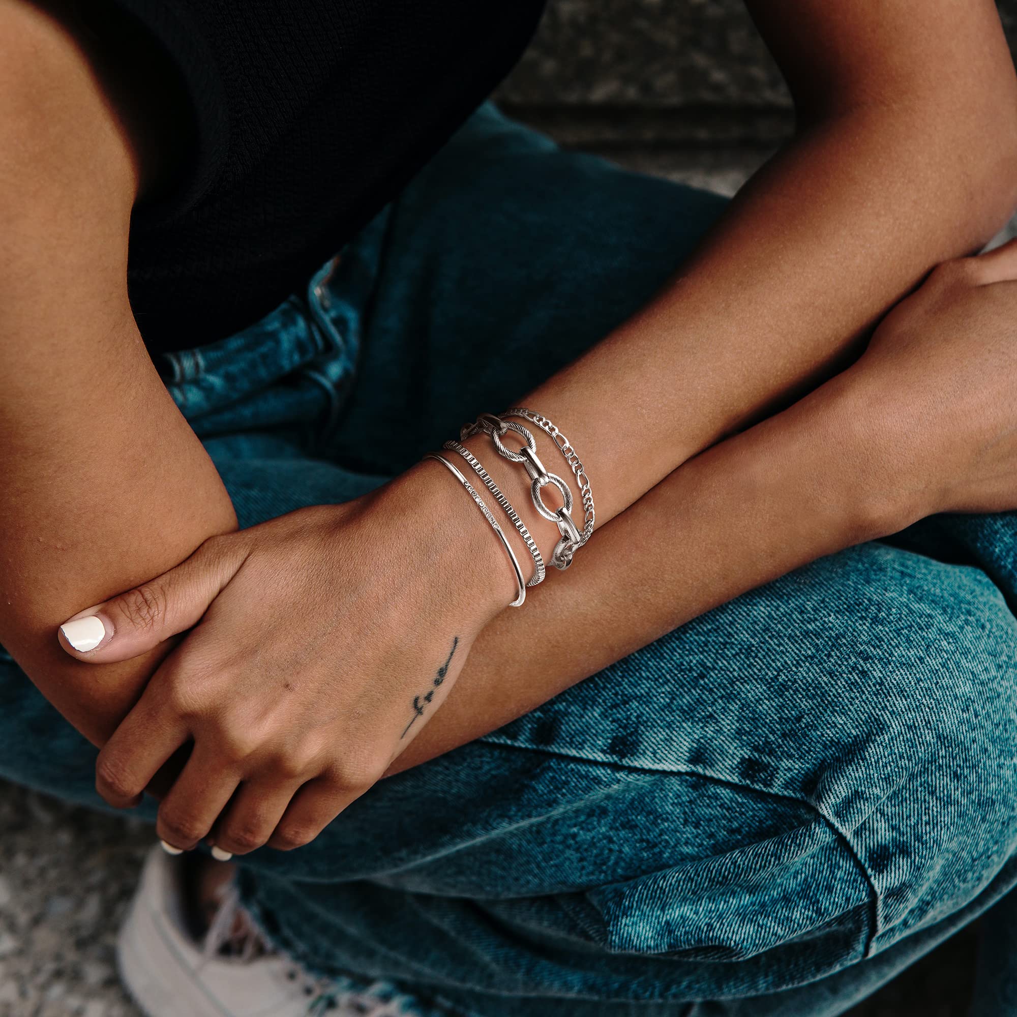Sanfenly Gold Silver Bracelet Ring Set for Women Cuban Link Bead Heart Butterfly Charm Chain Cuff Bangle Bracelet Stackable Knuckle Ring Fashion Jewelry Adjustable