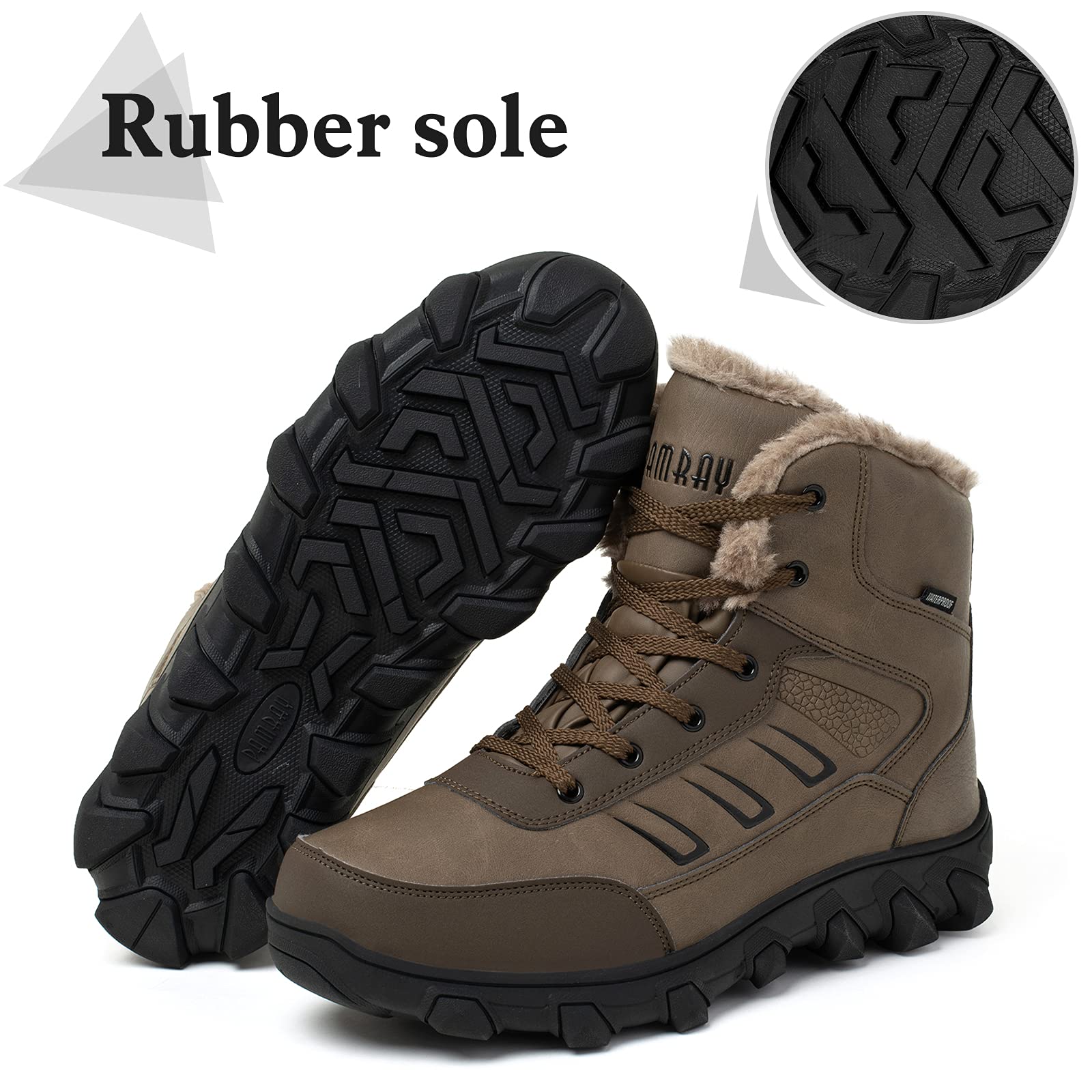 Pamray Men Winter Snow Boots Warm Waterproof Mid Calf Shoes Outdoor Hiking Climbing with Full Fur Lined Dark-Brown 46