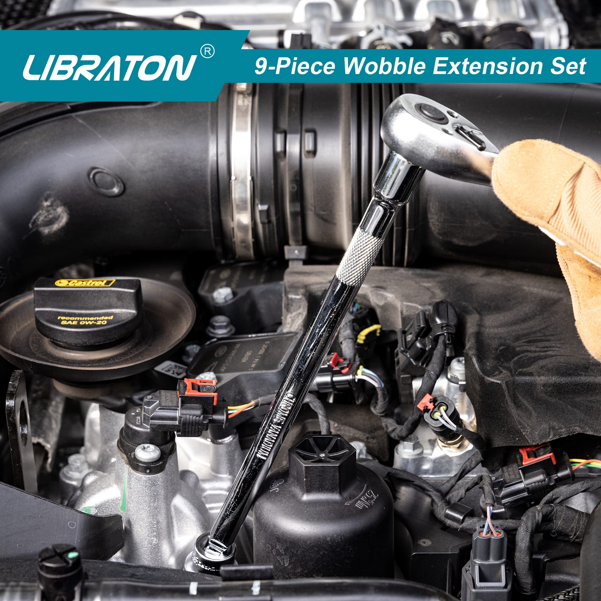 Libraton Wobble Extension Set 1/4'' 3/8'' 1/2'', Wobble Socket Extension, Extension Set, Wobble Socket Extension Set, Drive Socket Extension Bars 9PCs (Cr-V) with Chrome Plated in EVA Storage Tray