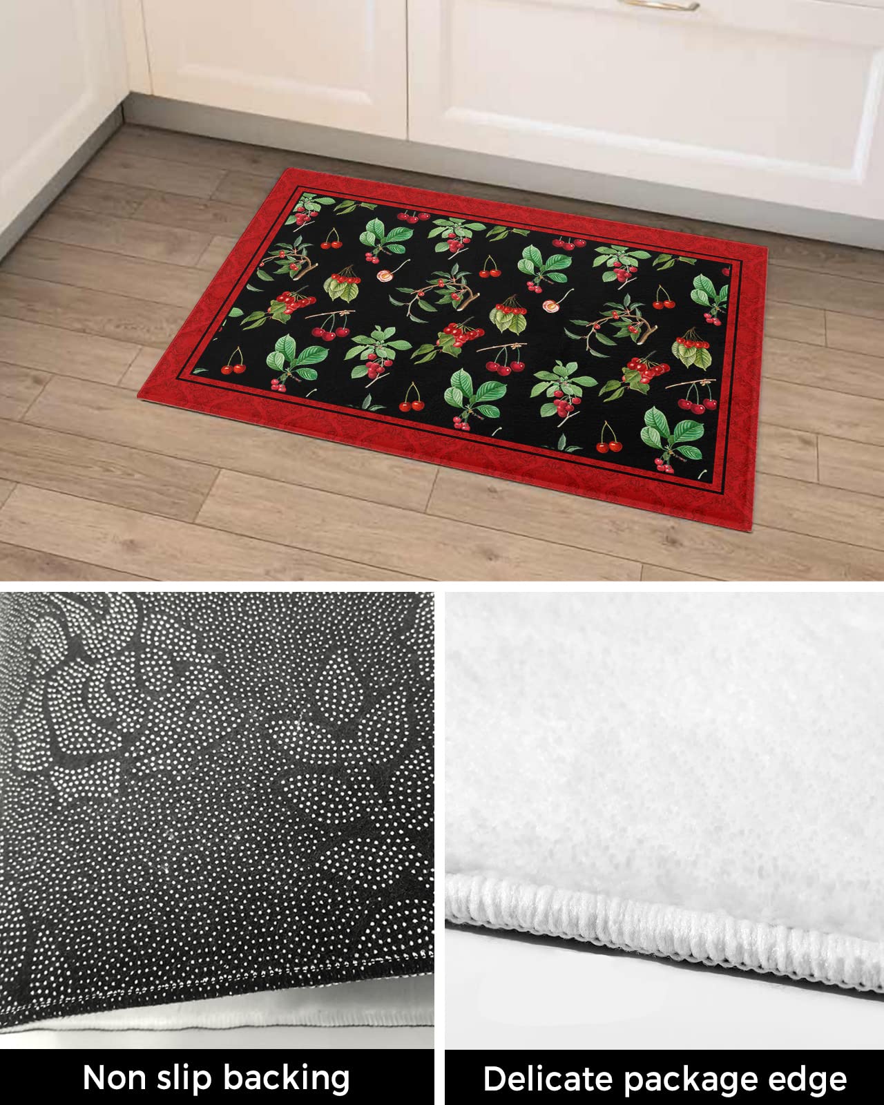 Red Cherry Farmhouse Fruit Luxurious European Flowers Bath Mats for Bathroom Non-Slip Absorbent Soft Plush Doormat Decor Rugs for Kitchen Bedroom Floor Mat 24" X 16"