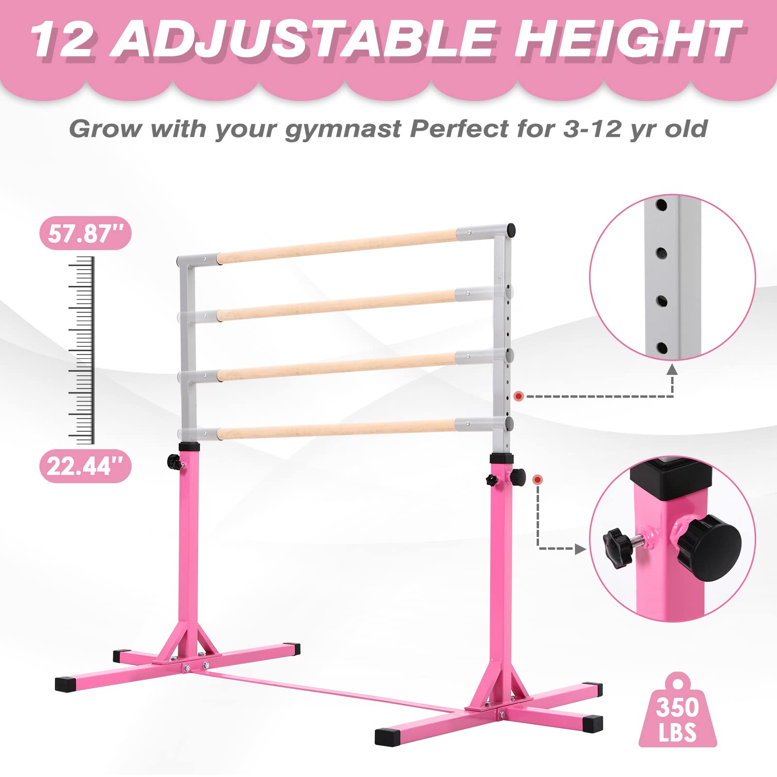 PanAme Expandable Gymnastics Kip Bars, 3' to 5' Adjustable Height Horizontal Bars, Home Gym Equipment for Junior Training Monkey Bars for Kids Indoor (Pink)