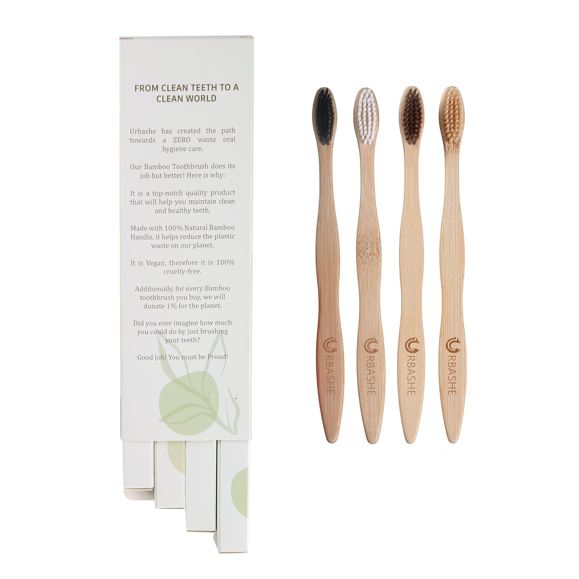 URBASHE Bamboo Toothbrushes (4 Pack) | BPA Free Soft Firm Bristles Eco-Friendly Travel Toothbrush, Natural Toothbrush Set Biodegradable, Compostable & Organic Charcoal, White,brown (BT01)
