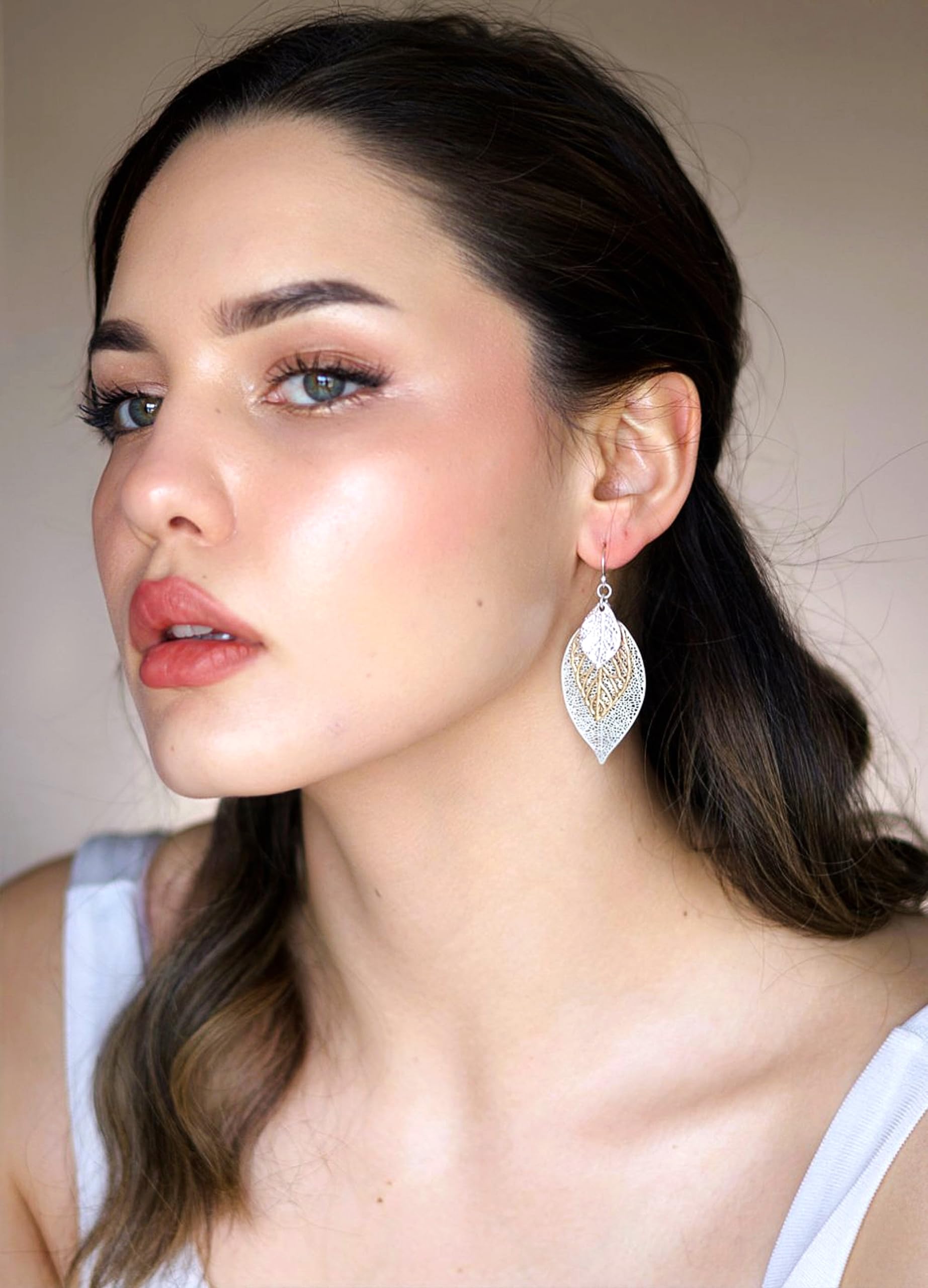 Pomina Choco Gold Fashion Fall Leaf Boho Earrings Gold Silver Two Tone Filigree Leaf Dangle Drop Earrings for Women (ChocoGold_Earrings)