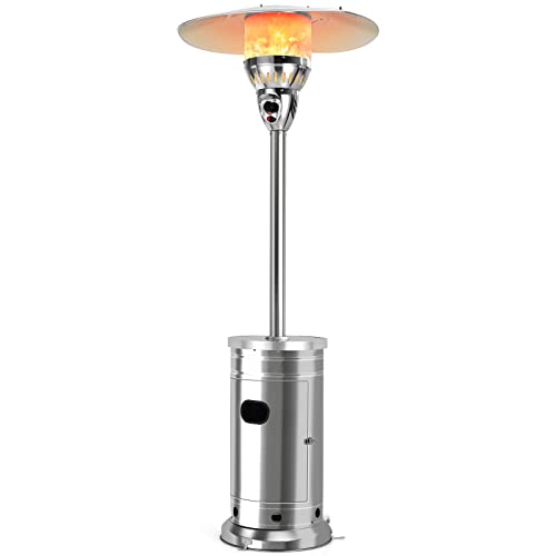 Tangkula 48,000 BTU Outdoor Patio Heater with Wheels, Stainless Steel Propane Heater with Tip-Over & Flameout Protection, Propane Gas Heater with Drink Shelf Table for Commercial & Residential