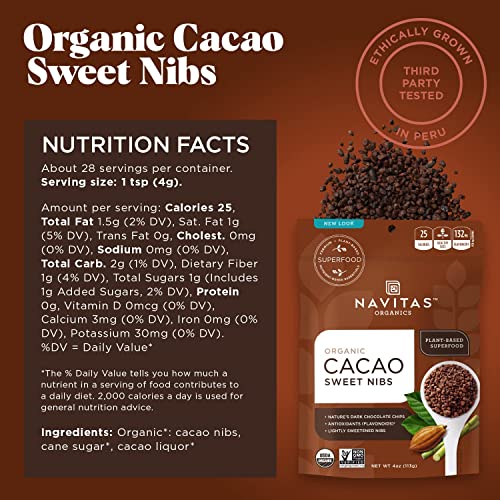 Navitas Organics Cacao Sweet Nibs, 4oz. Bag, 28 Servings — Organic, Non-GMO, Gluten-Free