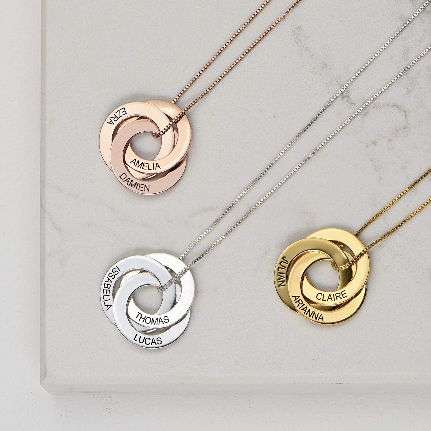 MYKA - Russian Ring Engraved Name Necklace with Diamonds Personalized 3 Circles Discs Inscription Customization Mother's Day Jewelry Gift… (18k Gold Plating)