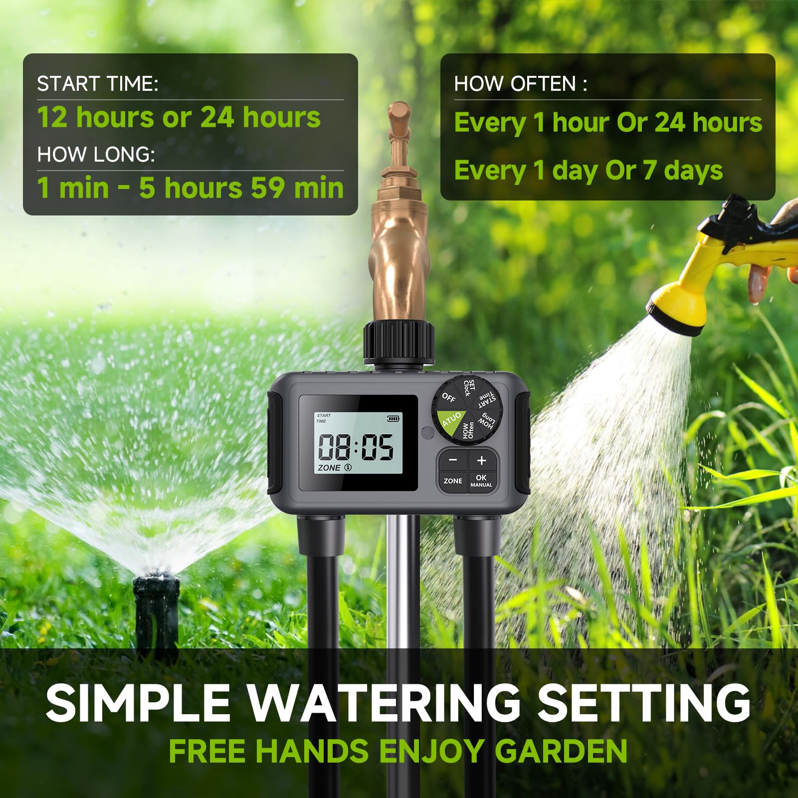 Sprinkler Timer for Garden Hose,2 Zone Water Timer for Garden with Rain Delay Faction,Manual/Automatic Irrigation Water Faucet Timer Outdoor, Programmable Sprinkler Timer for Yard Lawn