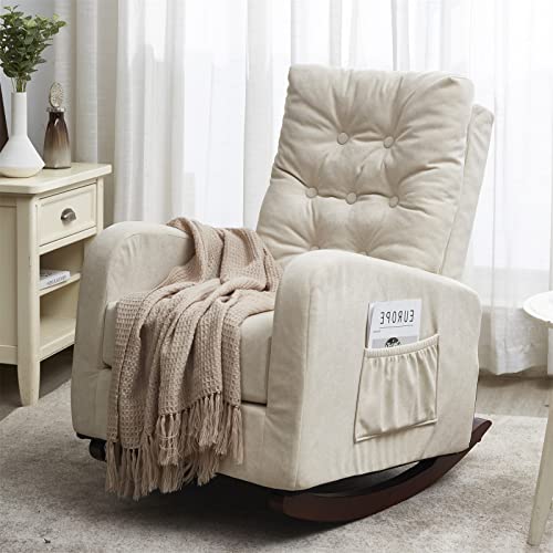 Ucloveria Chair Mid-Century Modern Nursery Rocking Armchair Upholstered Tall Back Accent Glider Rocker for Living Room, Beige