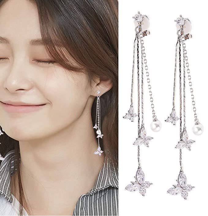 Long Tassel Butterfly Clip on Earrings Tiered Drop Dangle Cubic Zirconia non Pierced for Women