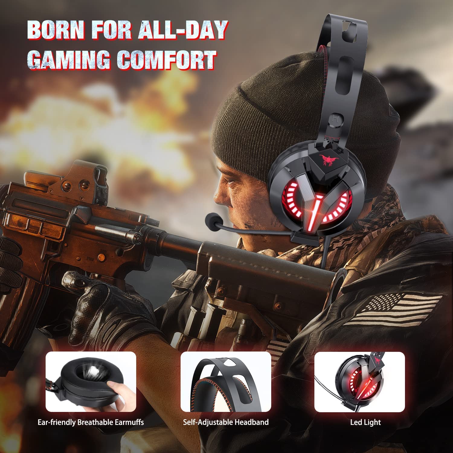 ONIGAL Gaming Headset with Microphone for Mac, PC Gaming Headphones Double Head Beam Suspended Soft Soft Memory Earmuffs, 7.1 Surround Sound Wired Headset LED Light for PS5, PC, PS4, Mac, Laptop